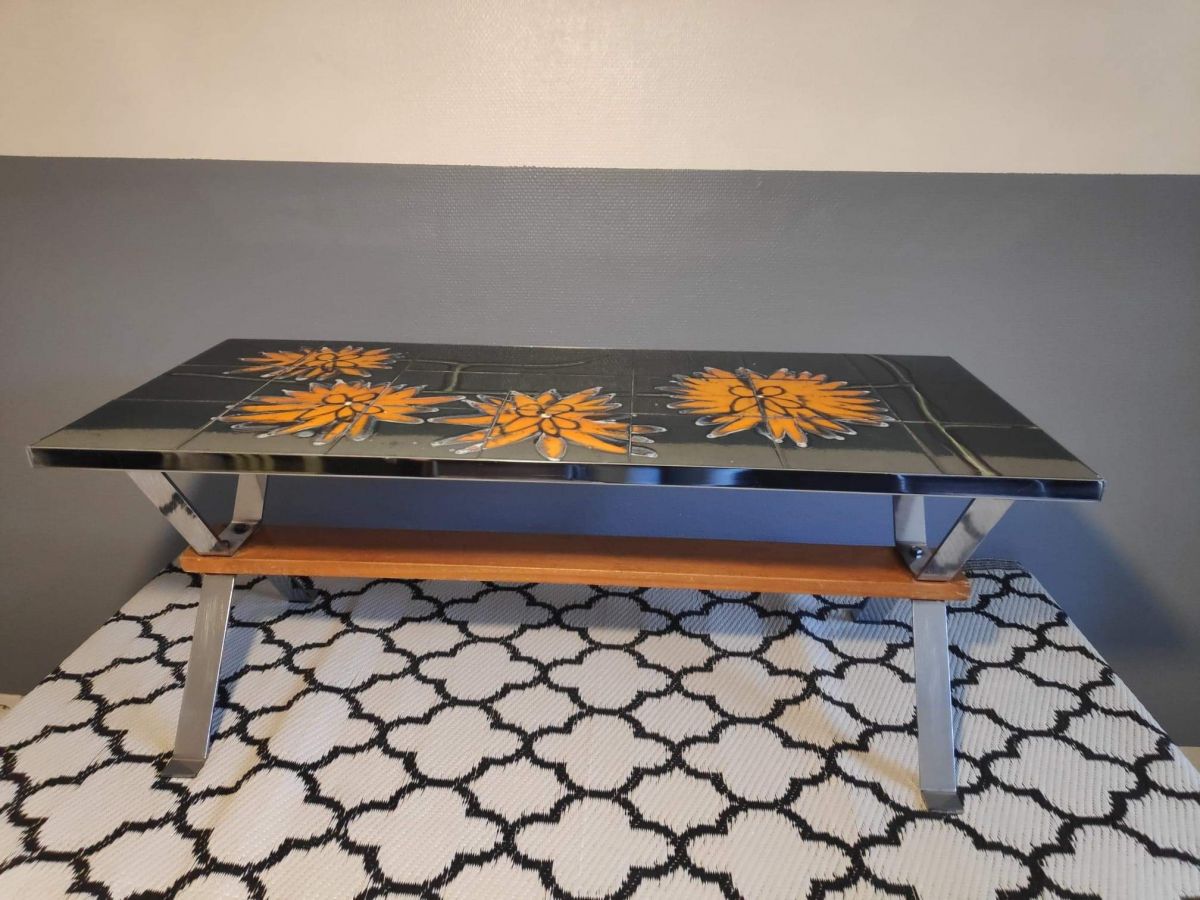 Table Basse Vintage Plateau Céramique Fleurs Orange Luckyfind